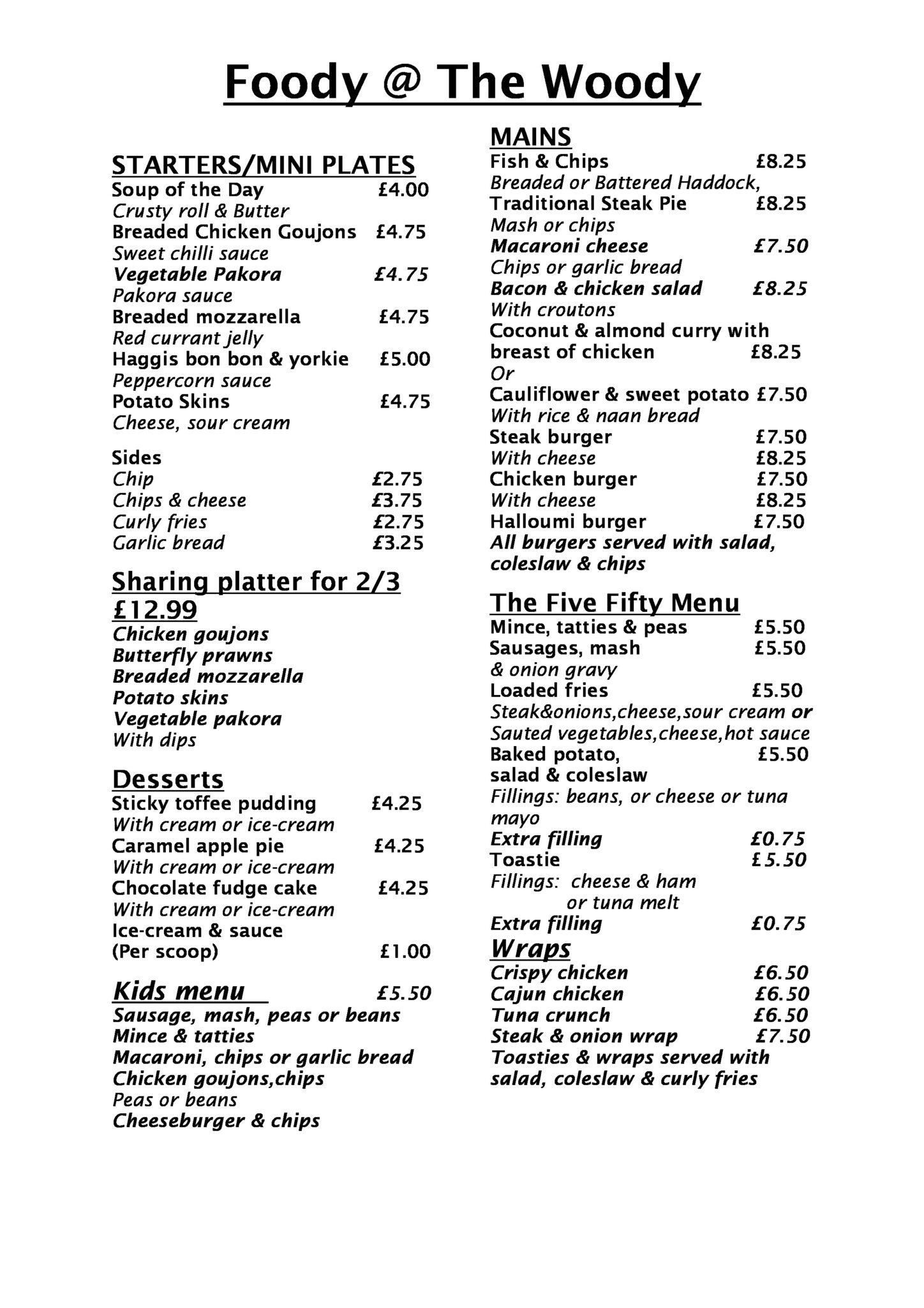 Menus - The Woodside Inn